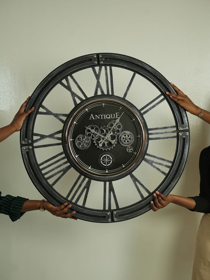 80cm Silver and Black Vintage Clock – alabasterandnard